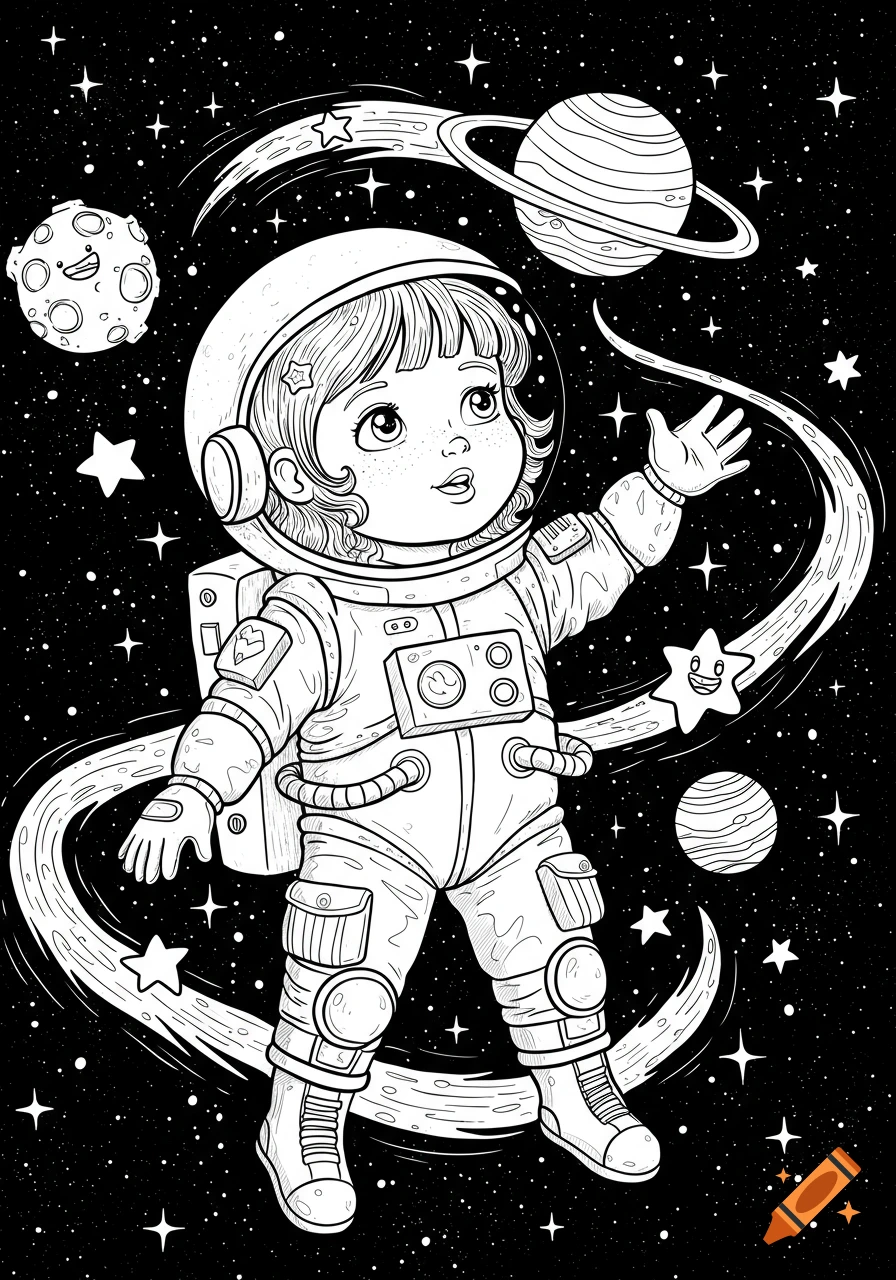 A black and white coloring page featuring a cute cartoon character in a ...