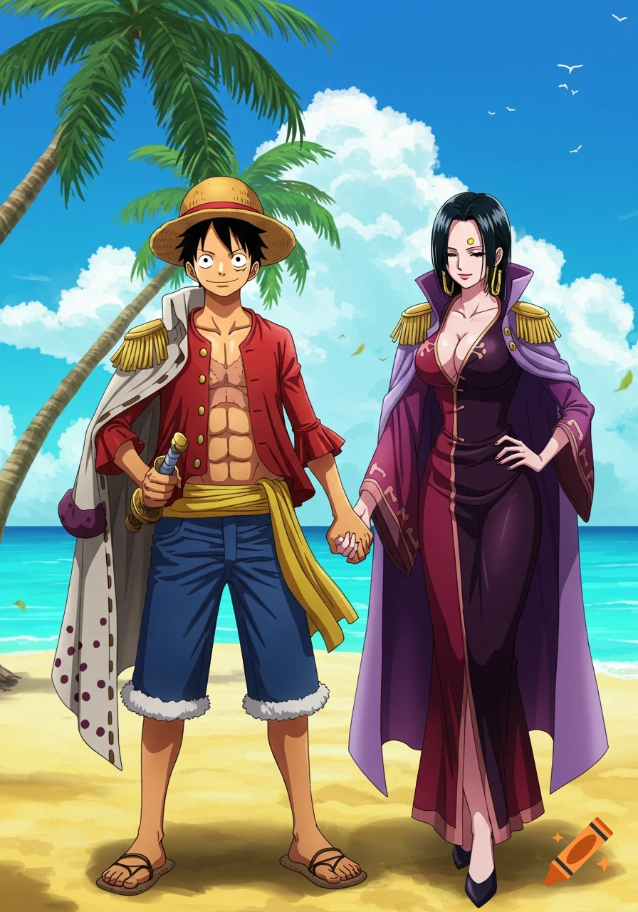 Anime characters Luffy and Hancock from One Piece holding hands on a ...