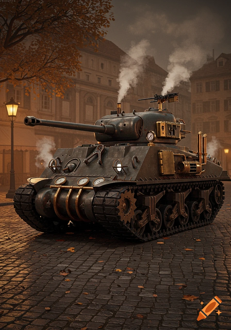 A dark, steampunk M4 Sherman tank with brass accents and steam on a ...