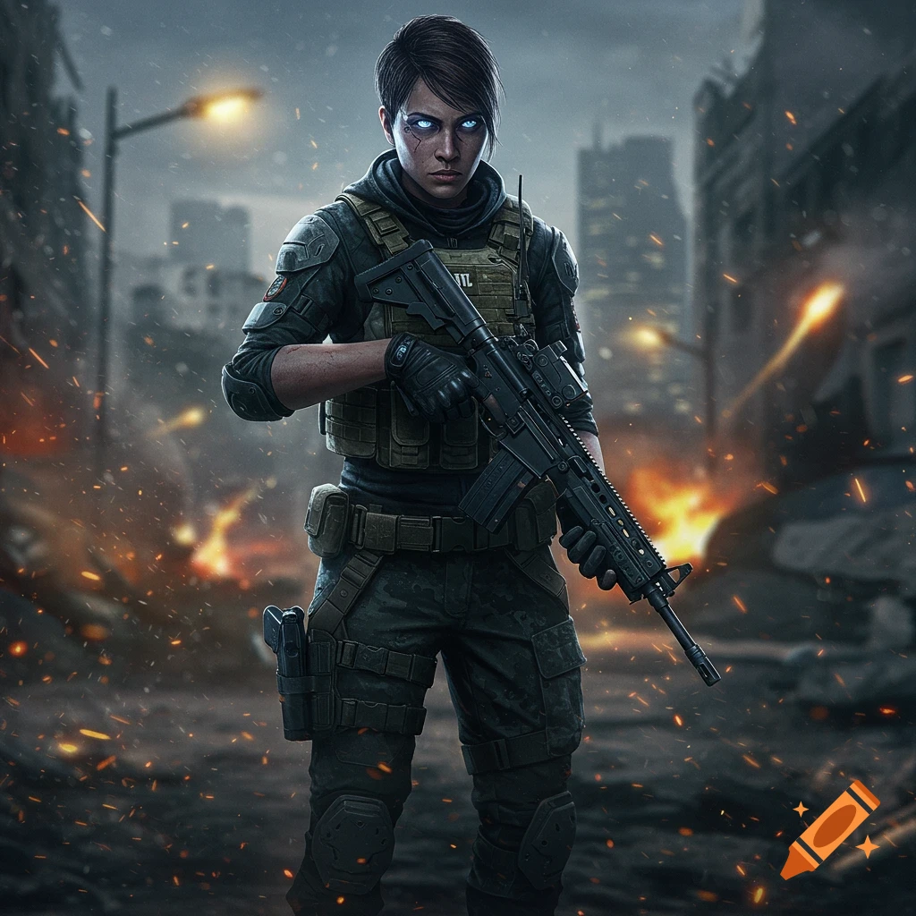 Blonde anime female soldier with a ponytail running with a rifle ...