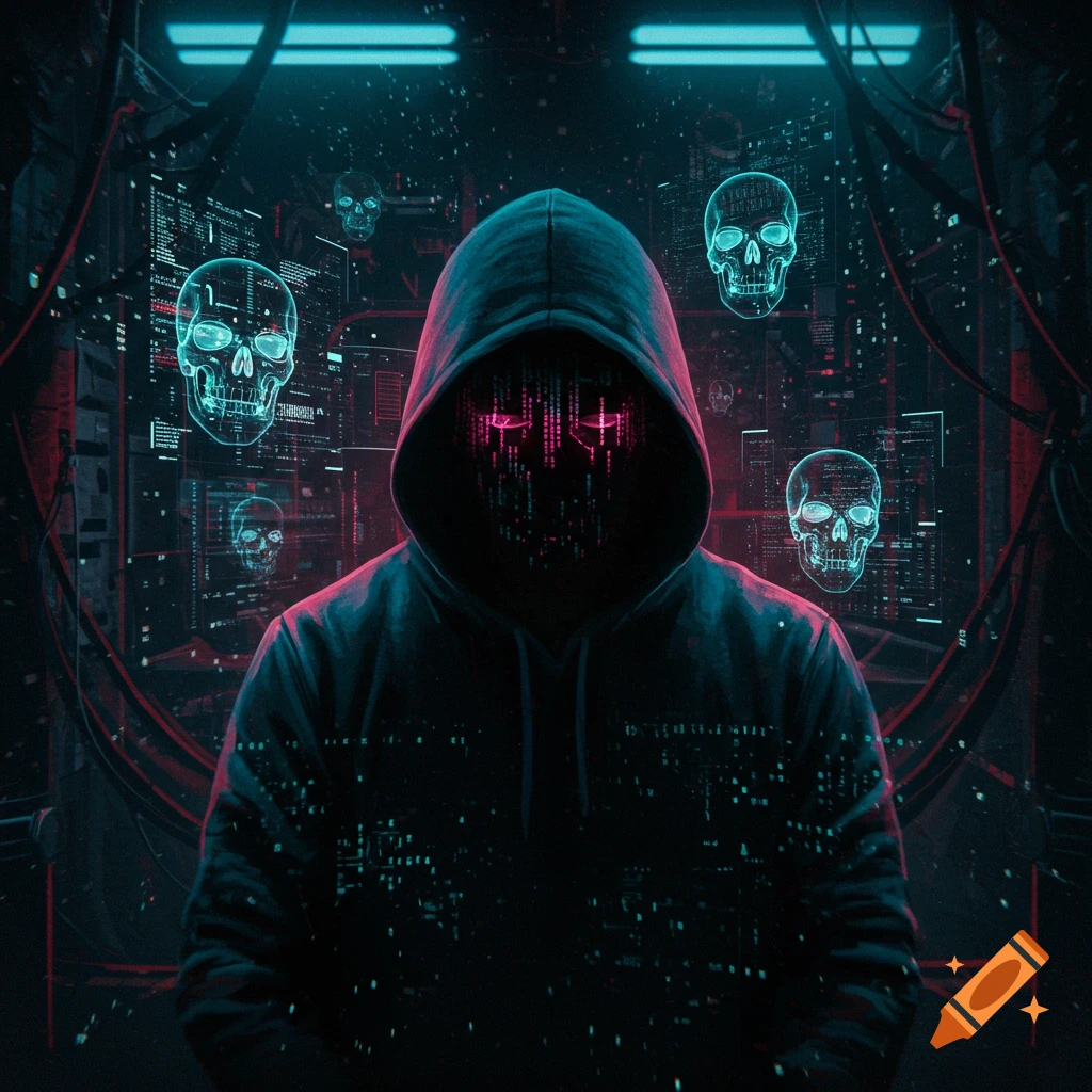 Anime portrait of a hooded cyberpunk hacker boy with a laptop on Craiyon