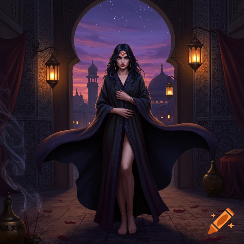 A dark-haired woman in a flowing black robe stands barefoot in an ...