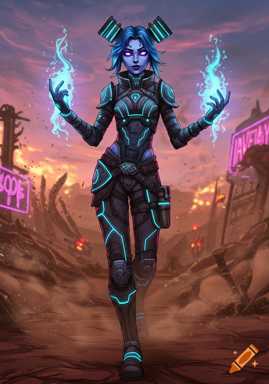 Blue-skinned female character in futuristic armor with neon accents ...