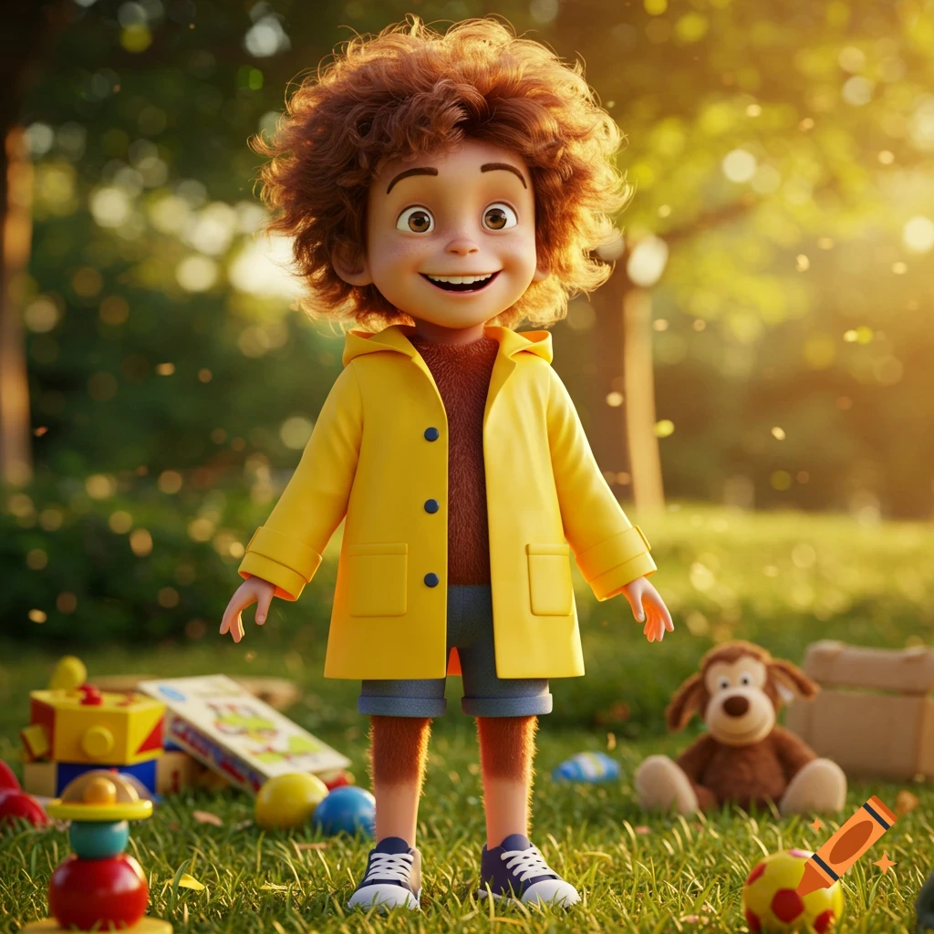 A smiling animated boy with curly red hair and furry legs wears a ...