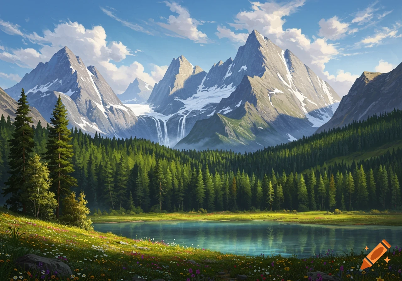 Vast mountain landscape with a winding river, cascading waterfalls ...