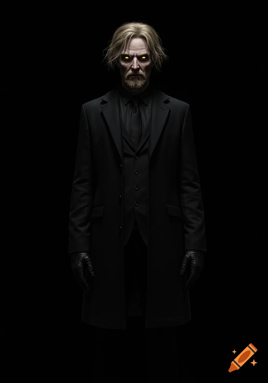 A menacing man with glowing yellow eyes, blond hair, and a beard ...