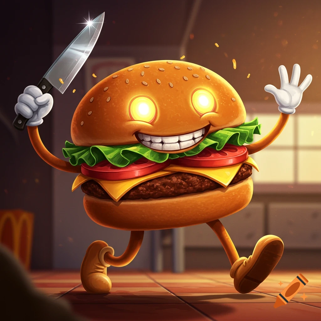 A grinning cartoon burger with glowing eyes, arms, and legs holds a ...