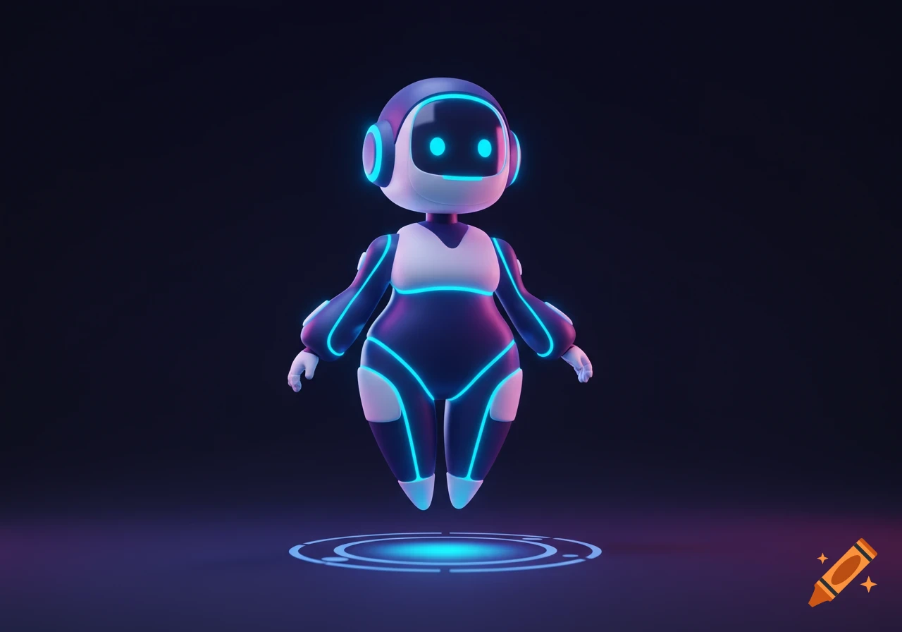 A cute, cartoon-style robot virtual assistant character, glowing blue ...