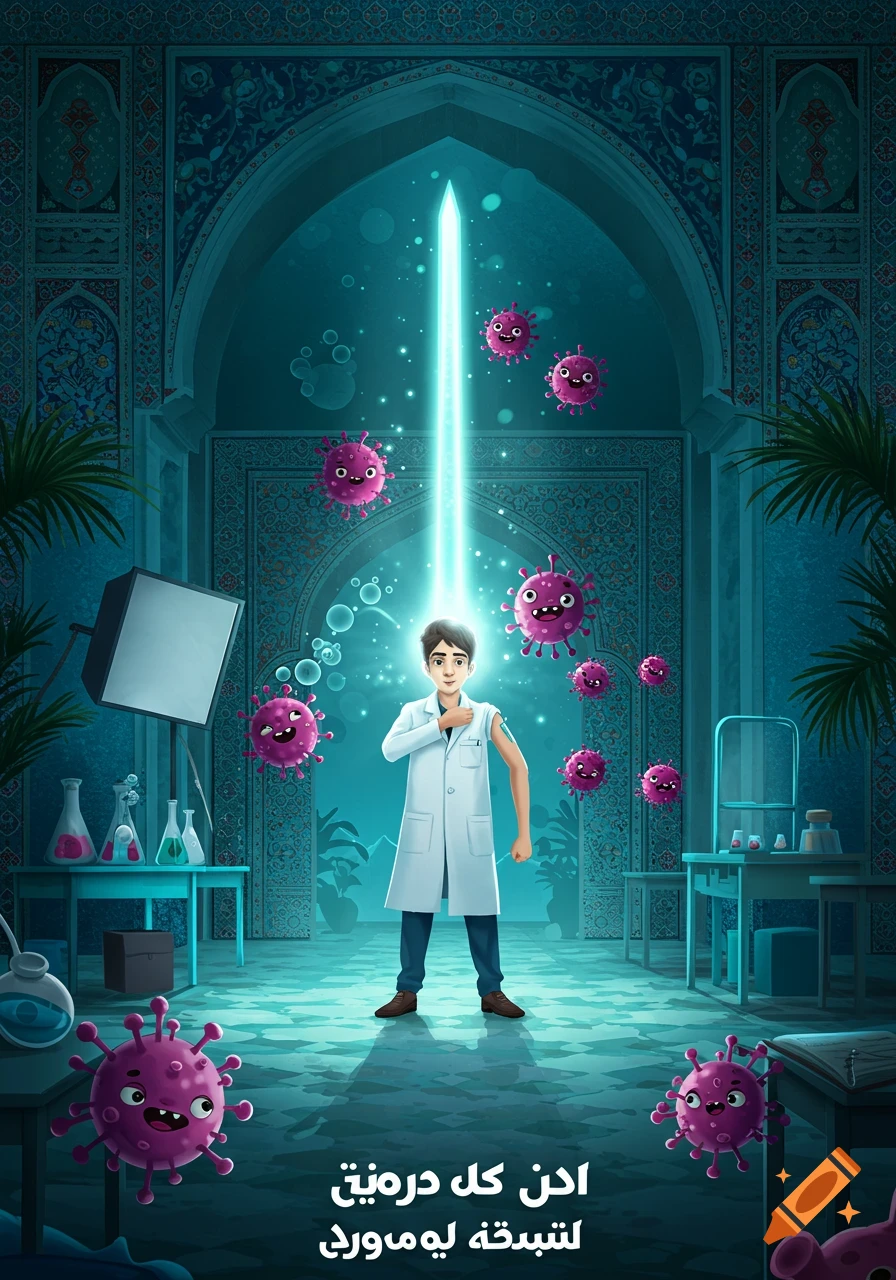 Cartoon of a young student in a lab coat receiving a vaccine-like light ...