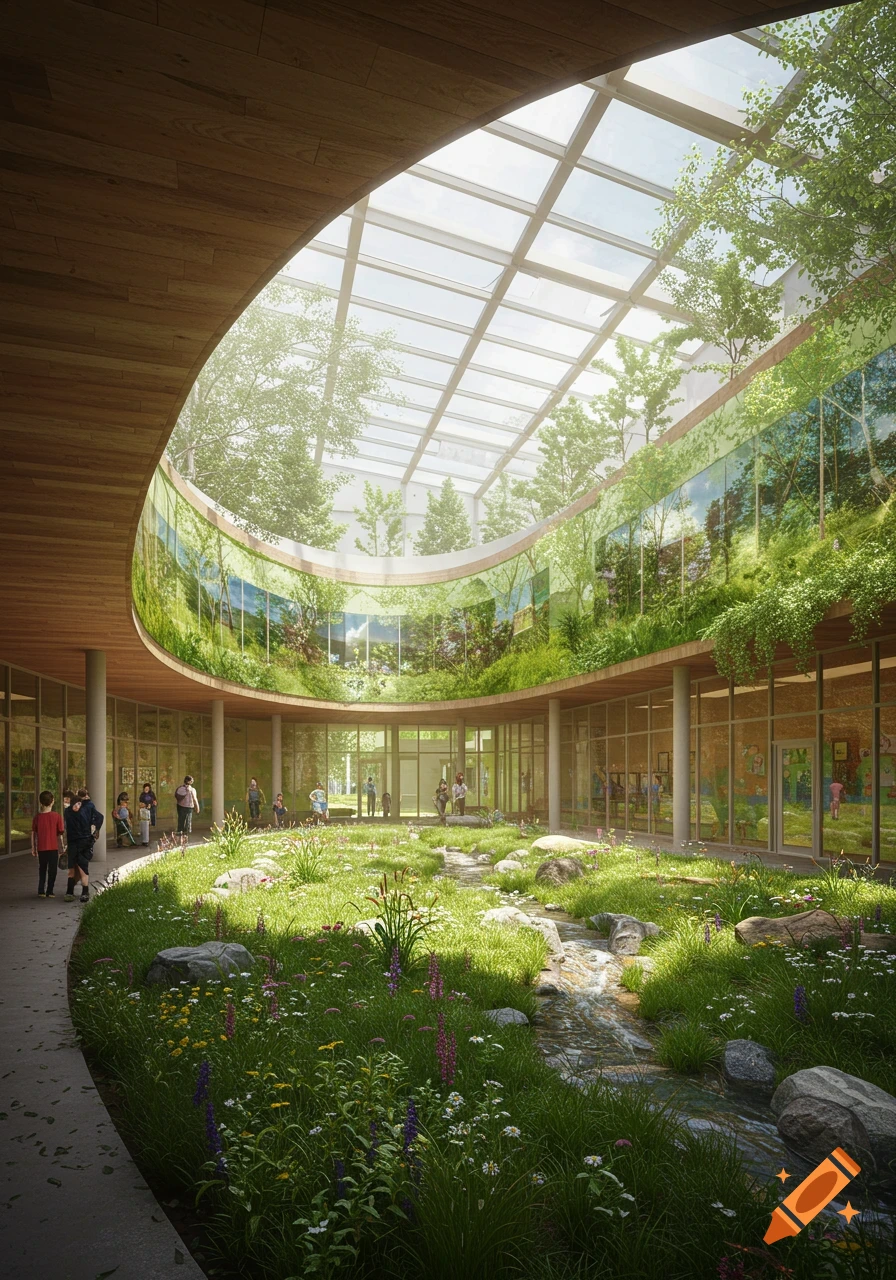 Photorealistic rendering of a modern circular school with a large ...