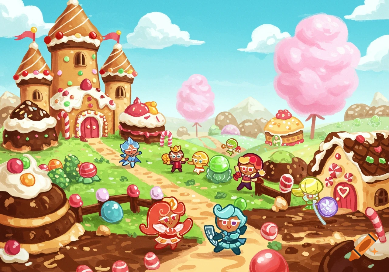 Cartoon cookie characters walk through a vibrant candy land landscape ...