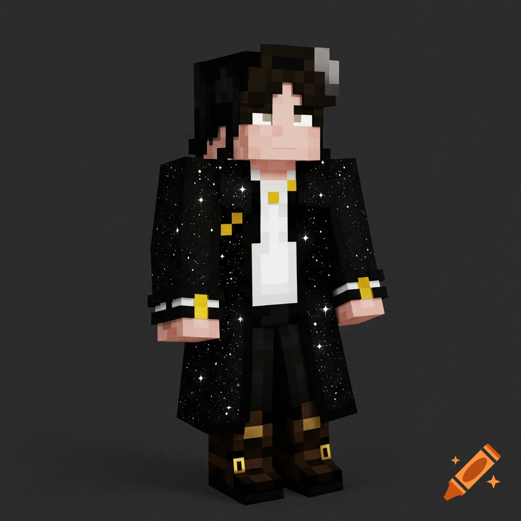 A Minecraft character wearing a black coat with white stars, a white ...