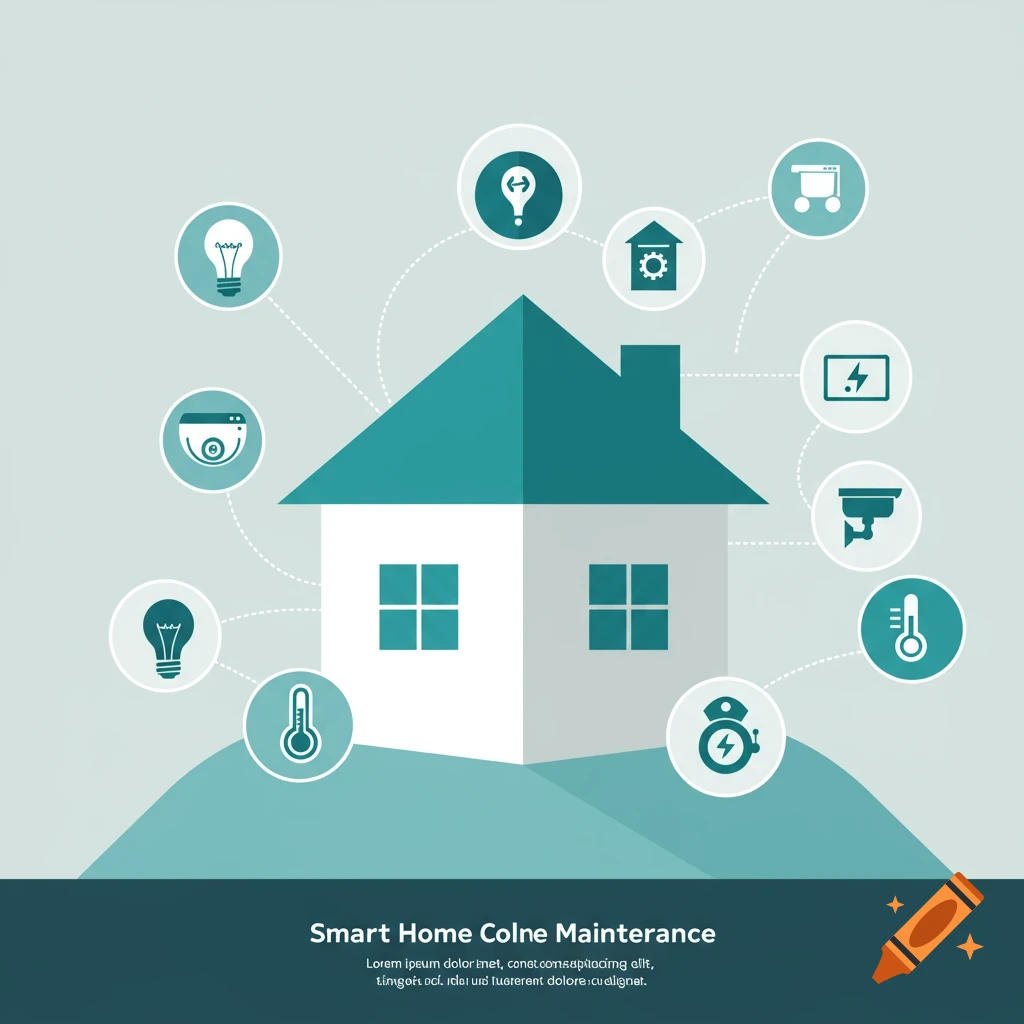 Flat illustration of a white house with a teal roof surrounded by smart ...