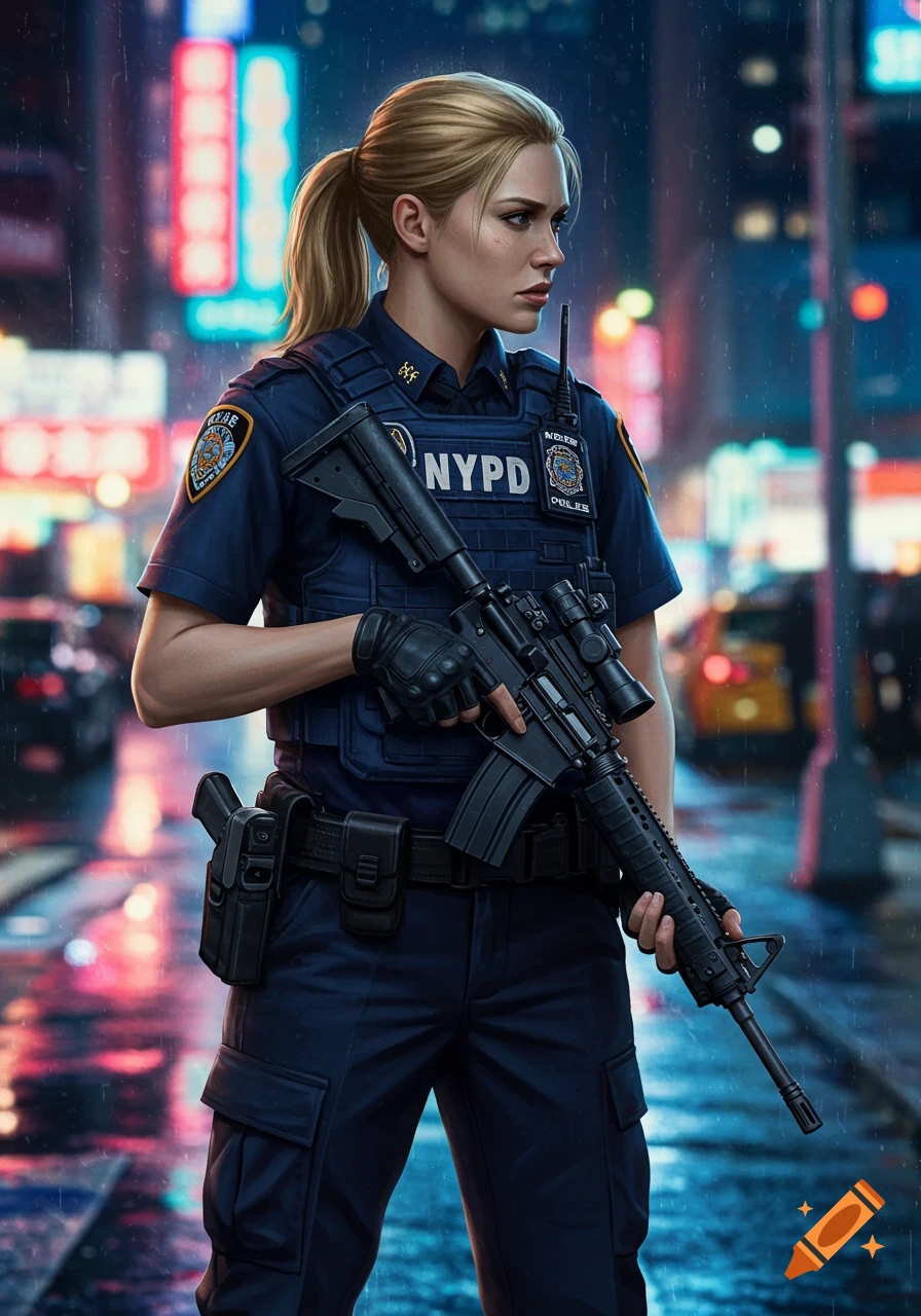 A realistic blonde female NYPD officer in a uniform, black gloves, and ...