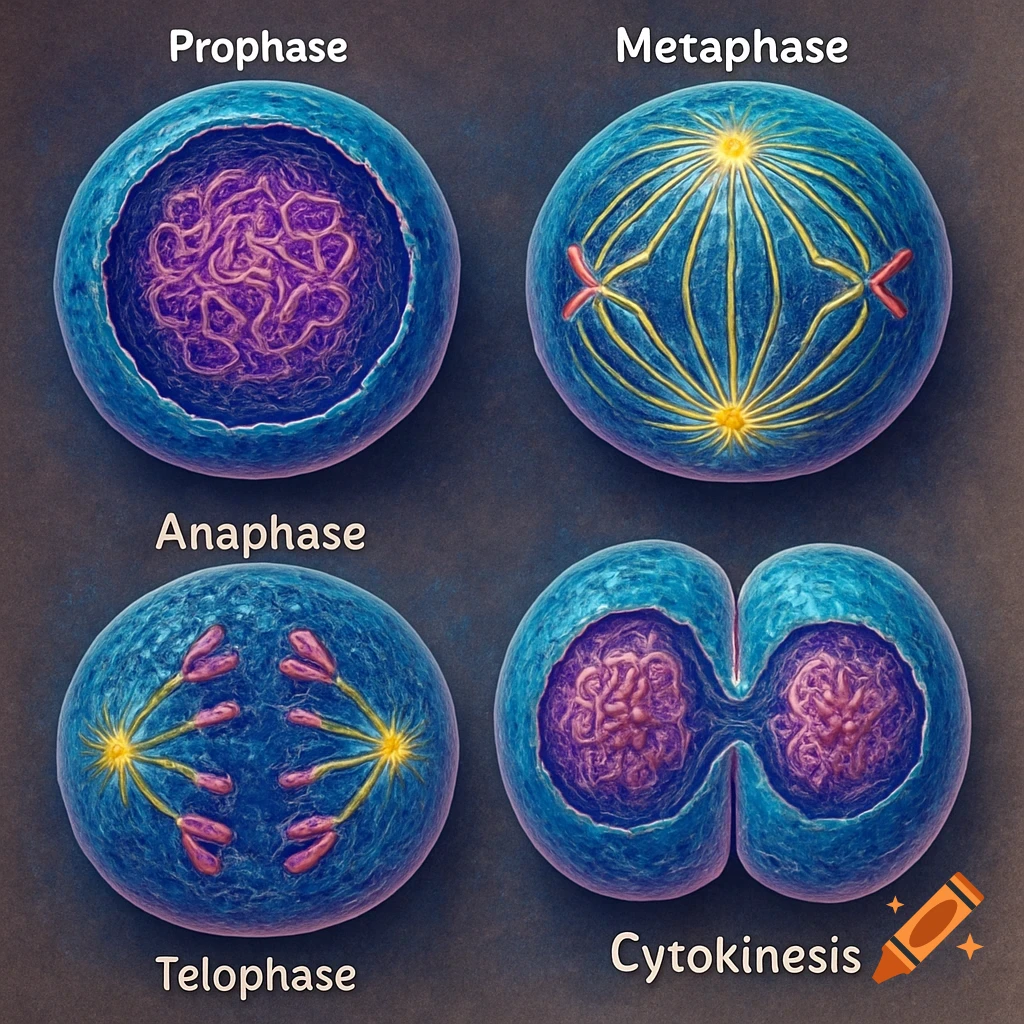Diagram illustrating the five stages of mitosis: Prophase, Metaphase ...