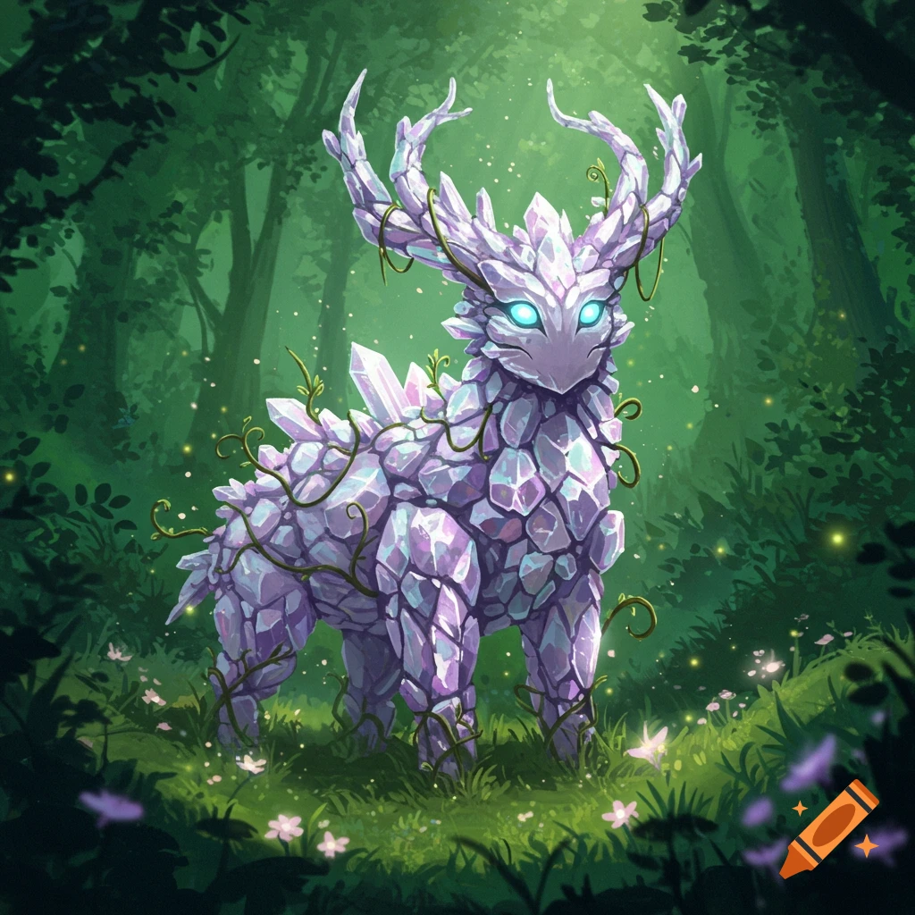 A majestic crystal creature resembling a deer with glowing blue eyes ...