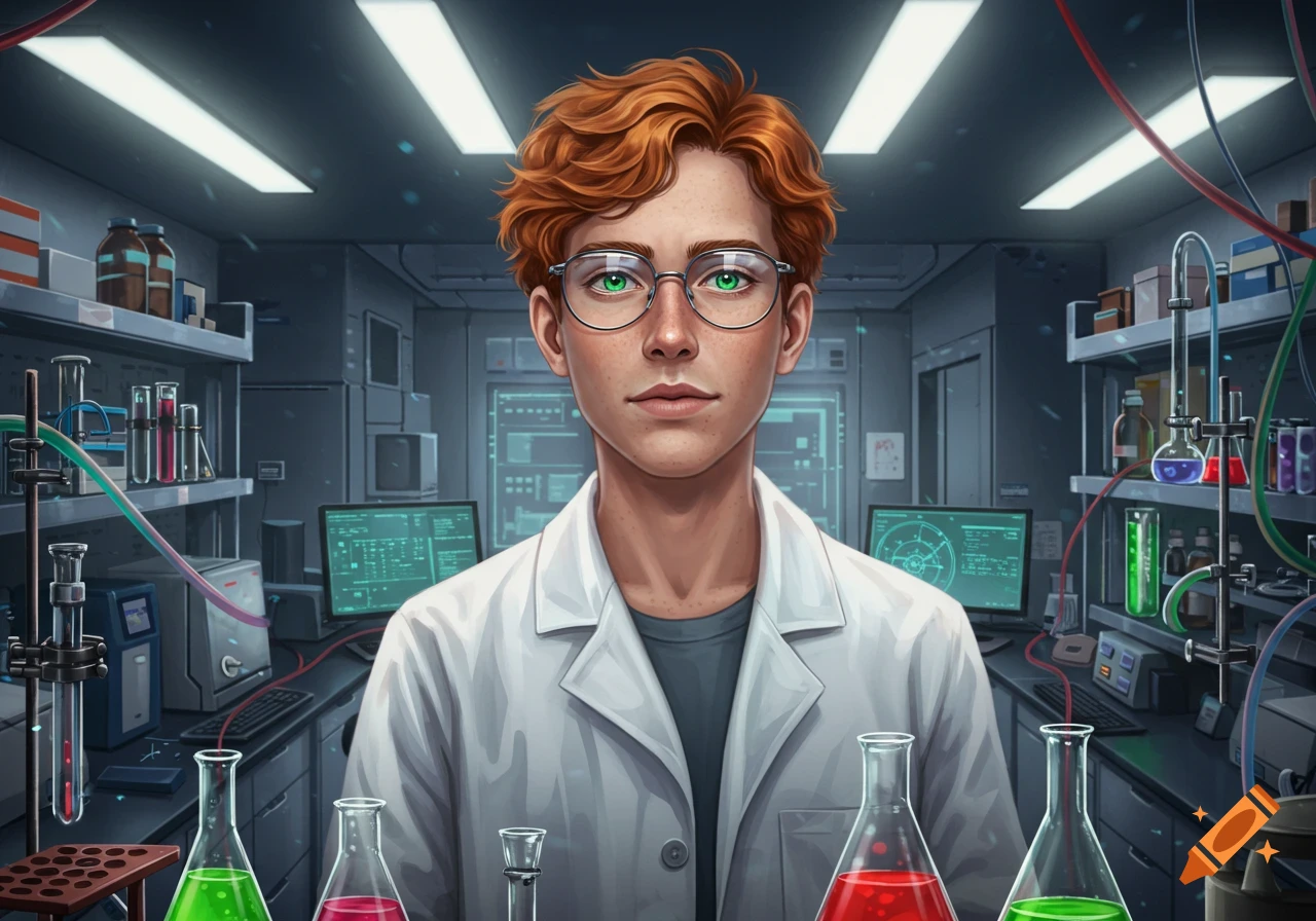 A chemist in a neon-lit lab holds a glowing pink flask, surrounded by ...