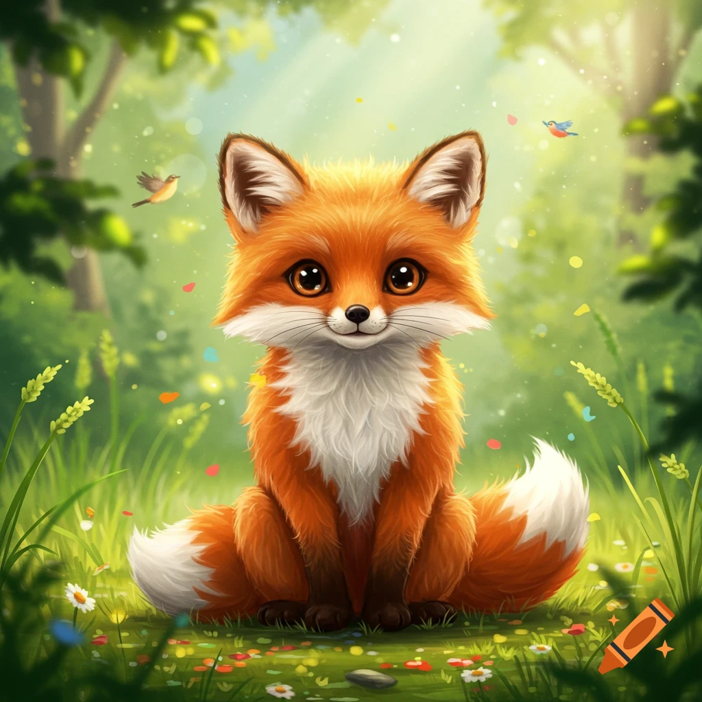 A tiny, cute, stylized caramel and white fox-like creature with a ...