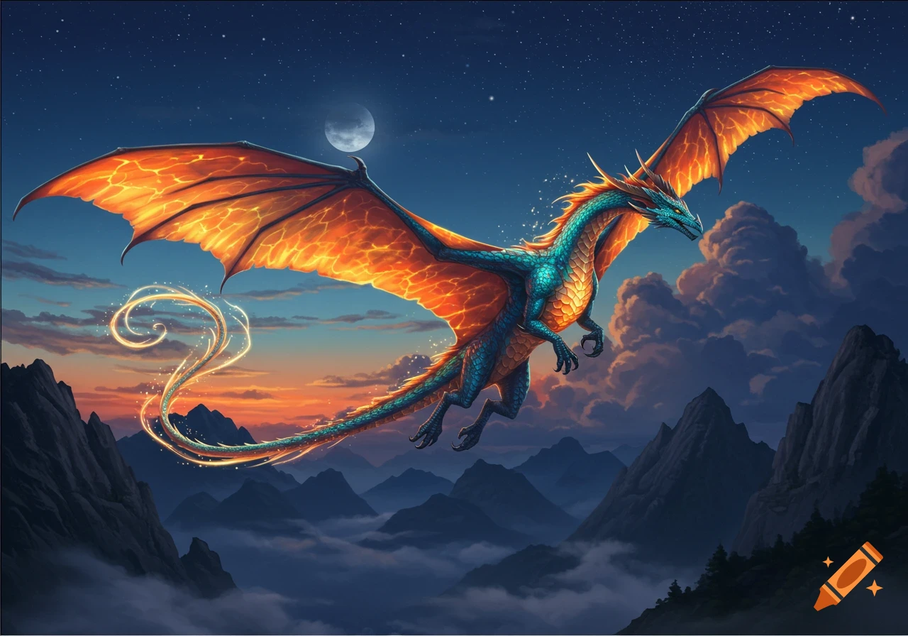 A dark, fierce-looking dragon with glowing orange eyes and fiery breath ...