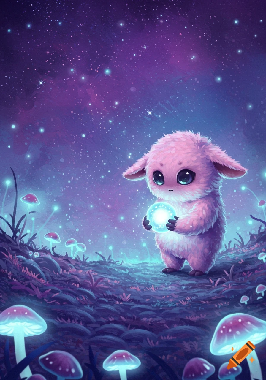 A cute baby cow looks up at a sparkling night sky with a shooting star ...