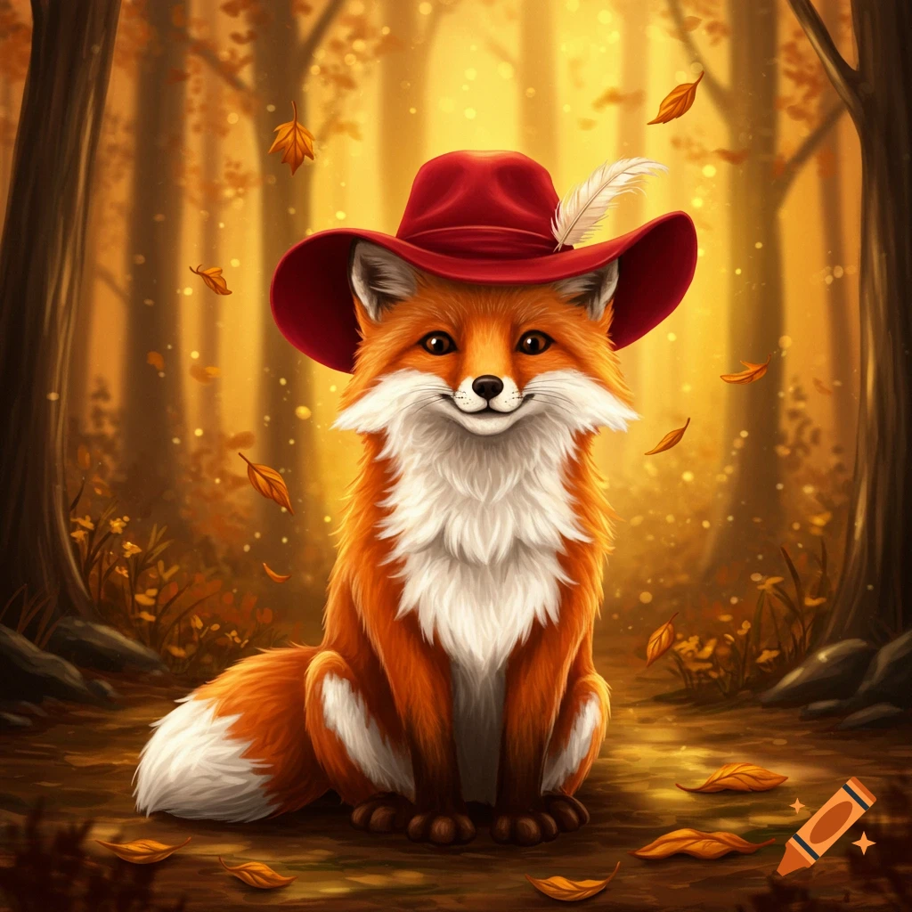 A cute cartoon fox wearing a black top hat with a blue ribbon, sitting ...