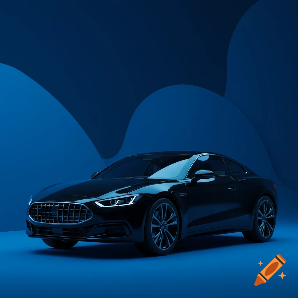 A sleek black sports car is parked in front of an abstract blue ...