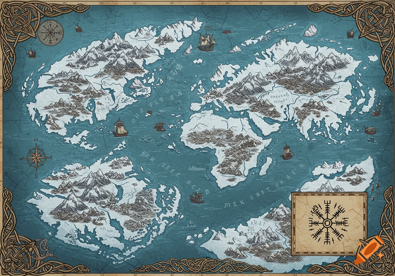 A vintage world map with glowing blue points off the coasts of North ...