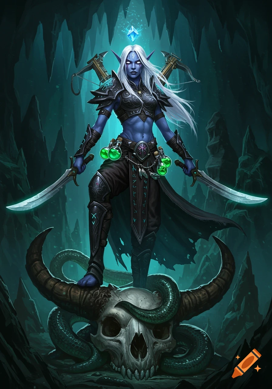 A dark elf warrior with blue skin and white hair stands on a minotaur ...