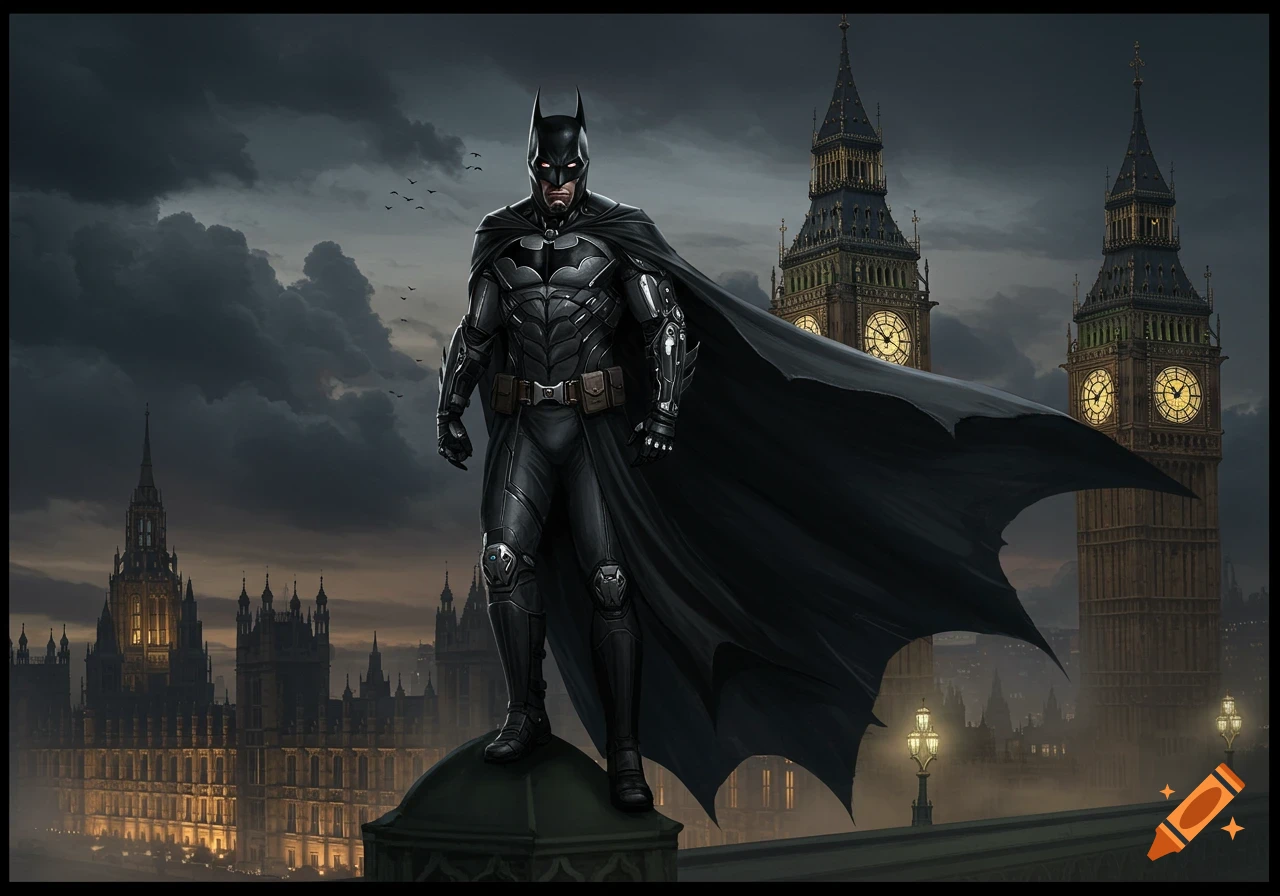 Batman in a dark suit and flowing cape stands atop a building ...