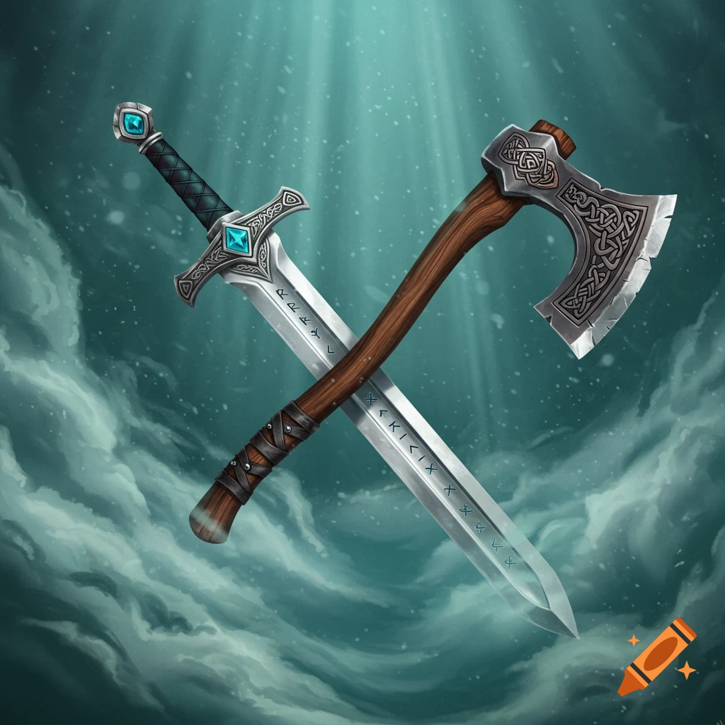 Top view of pile of Norse weapons with metal and gold on Craiyon