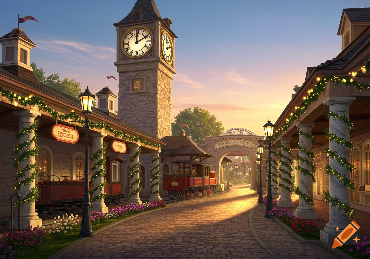 A fairytale theme park entrance with a tall stone clock tower, a small ...