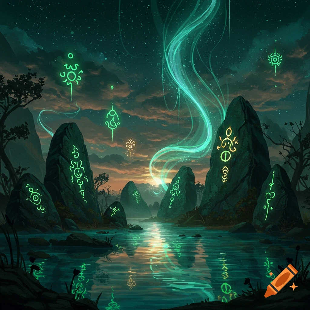 A mystical landscape with a lake reflecting glowing green runes on dark ...