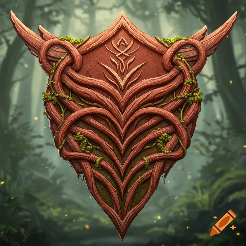 A hand-painted fantasy emblem made of intertwined reddish-brown wood ...