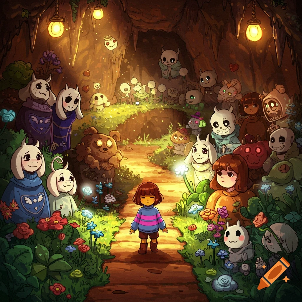 A pixel-art scene of Undertale characters Sans, Toriel, Frisk, and a ...