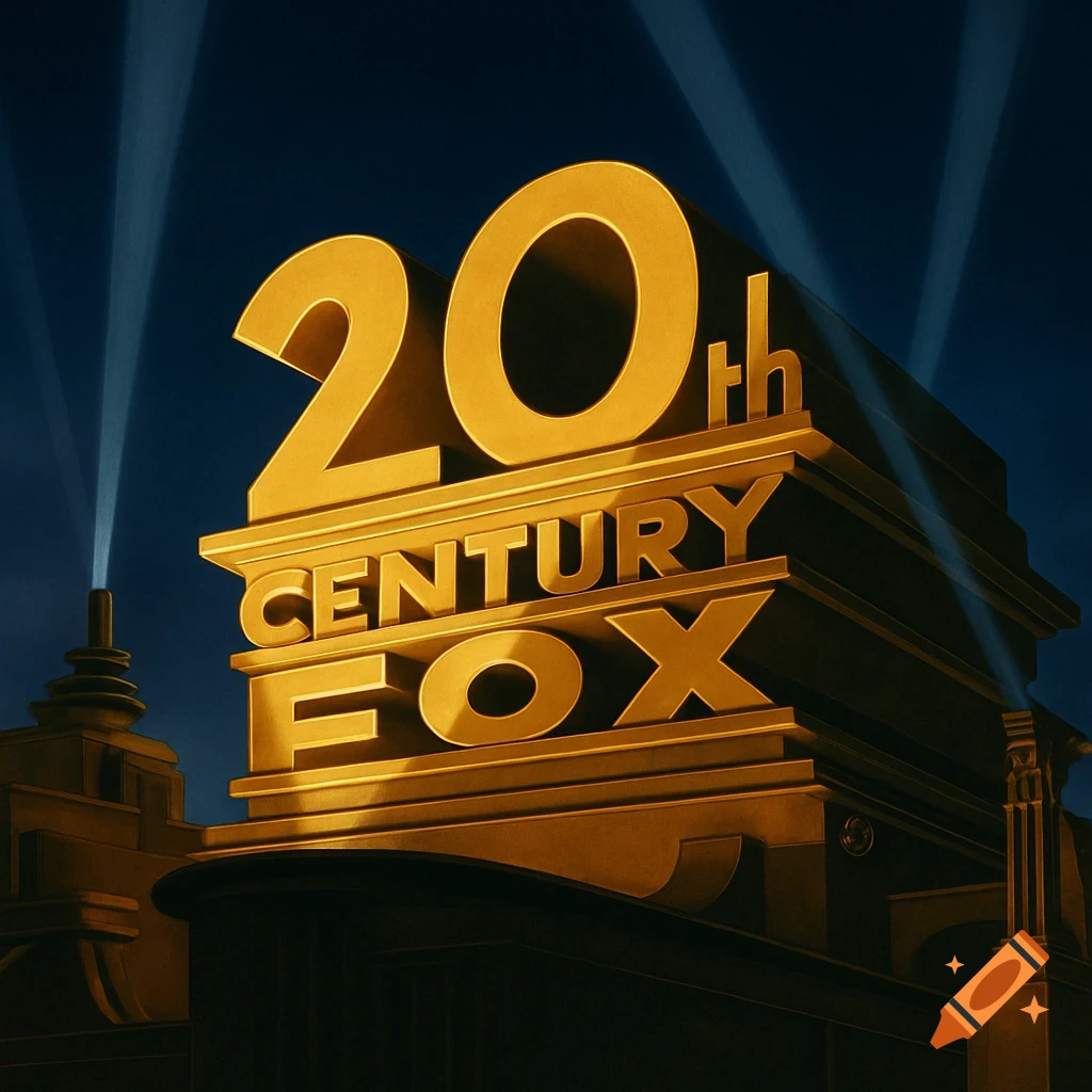 The iconic 20th Century Fox logo in gold, illuminated by spotlights ...