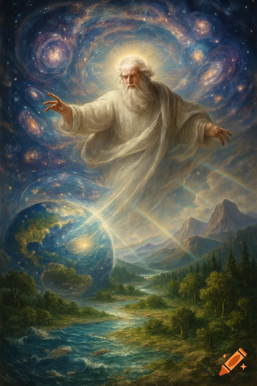 A grand painting of a radiant God figure reaching over Earth and a lush ...