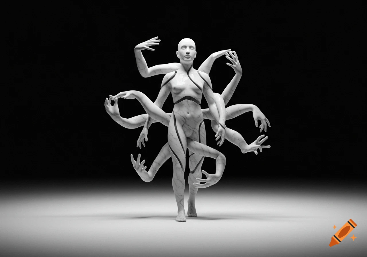 Black and white abstract marble statue of a multi-limbed figure with ...