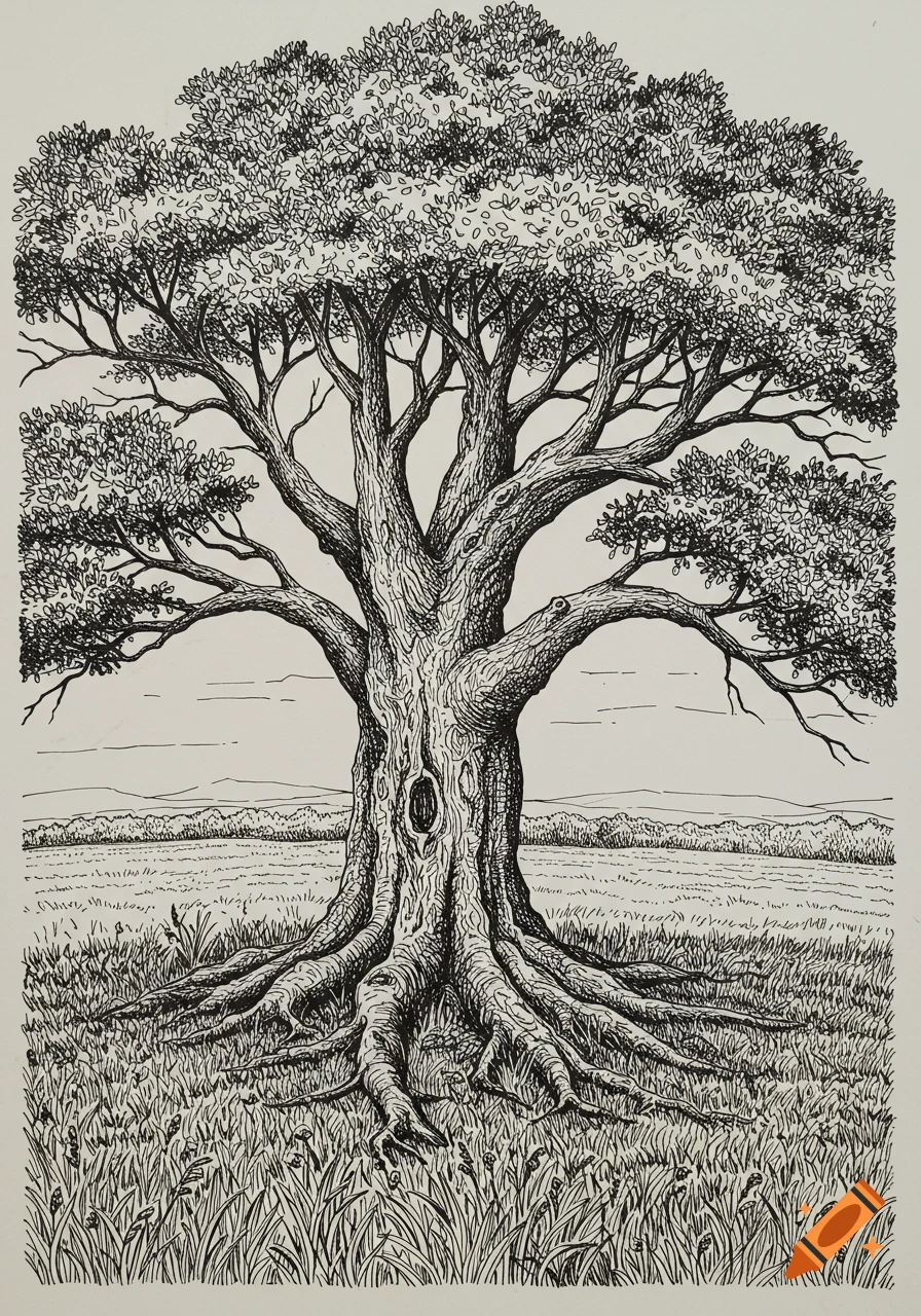 Black and white line drawing of a tree in a field with rolling hills ...
