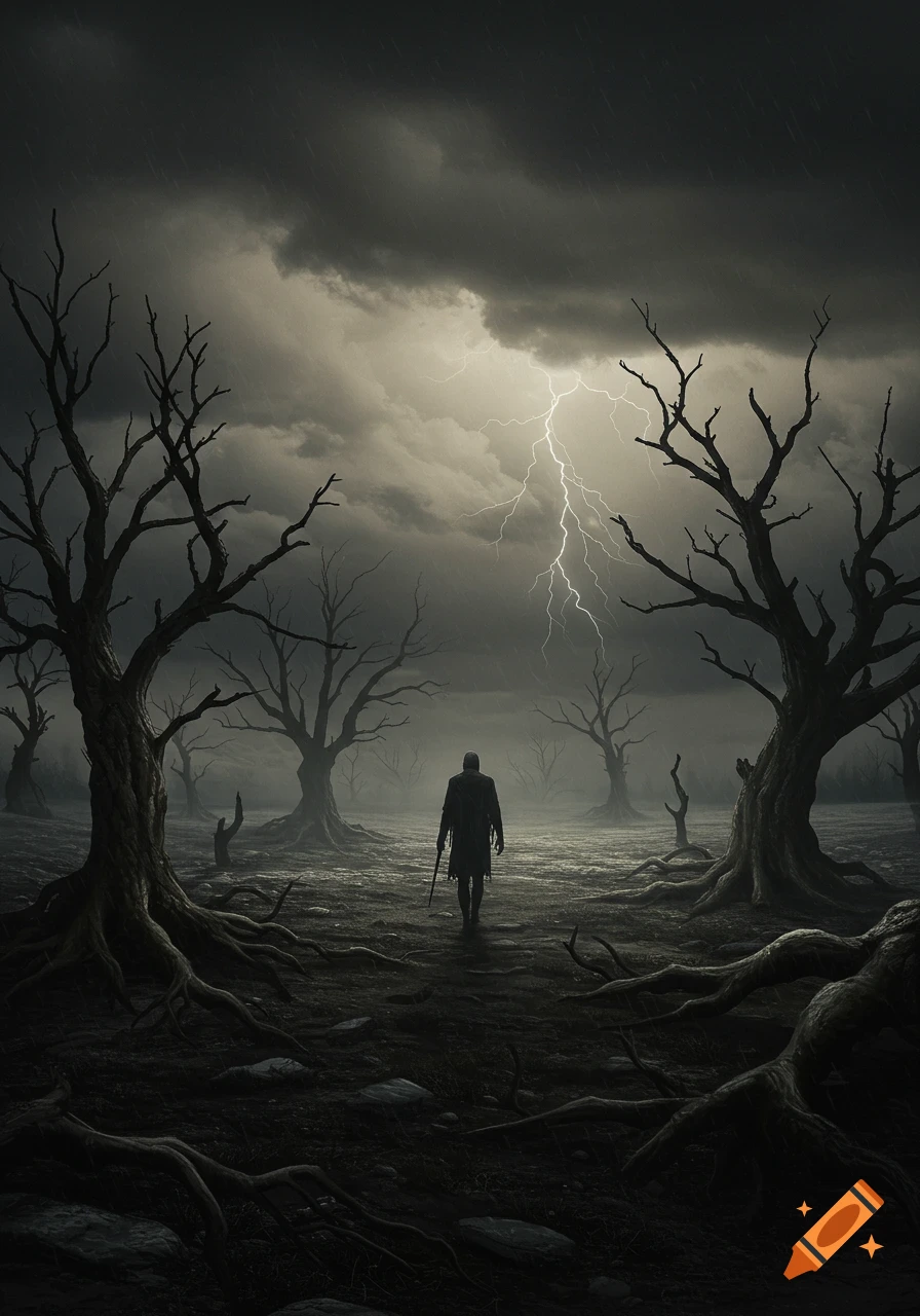 A lone figure walks through a dark, desolate landscape with bare trees ...