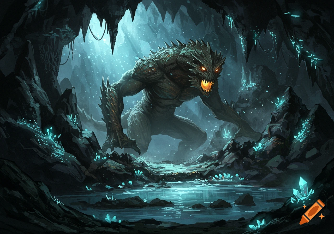 A fantastical spider-lion-serpent hybrid monster stands in a glowing ...