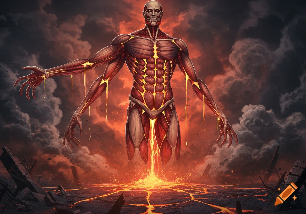A giant, skinless, muscular titan with glowing lava seeping from its ...