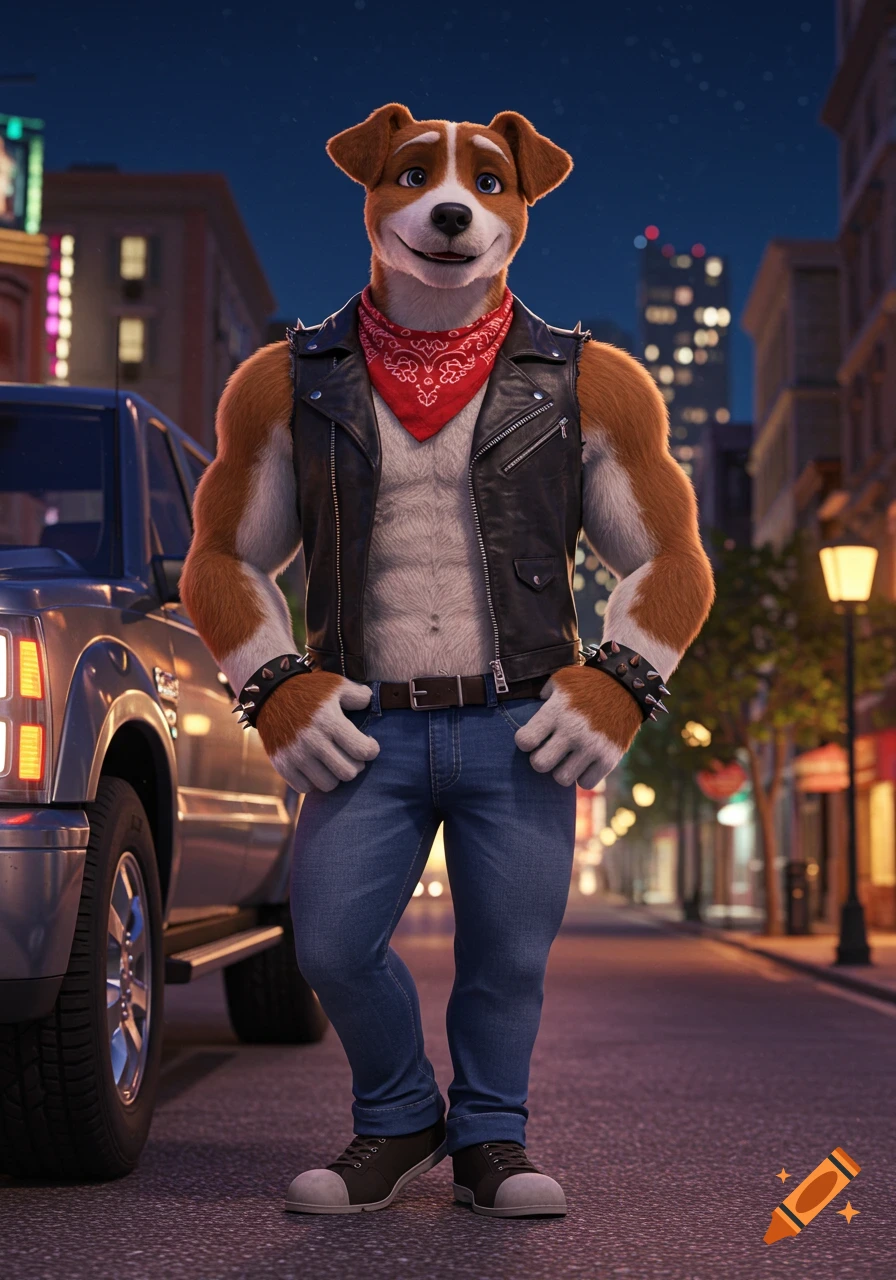 Cartoon muscular Jack Russell terrier in a leather vest and jeans ...