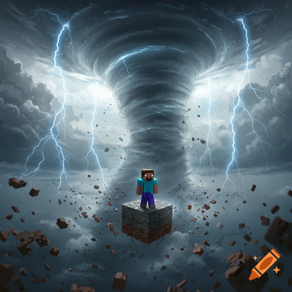 Minecraft's Steve stands on a floating dirt block as a large tornado ...