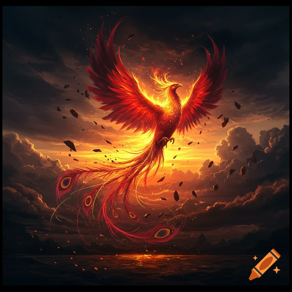 A majestic fiery phoenix with outstretched wings, rising from dark ...