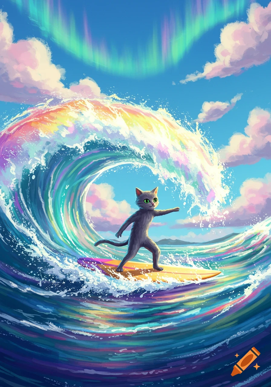 A cartoon gray cat with green eyes surfs on a vibrant rainbow wave ...
