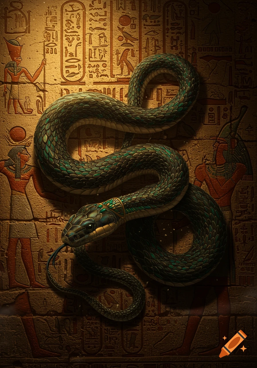 A detailed green and black snake coils on an ancient Egyptian wall ...