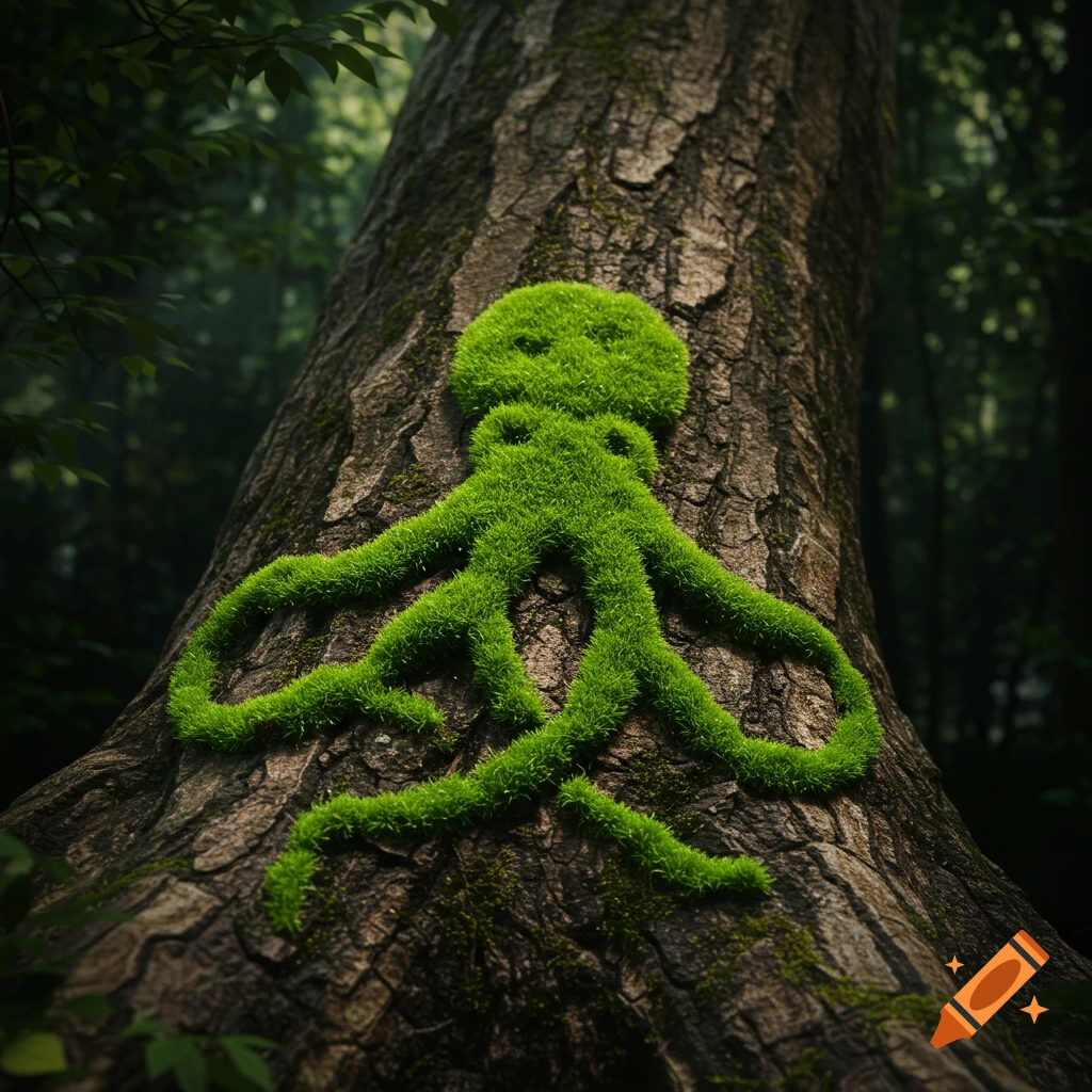 A vibrant green moss creature, resembling an octopus or alien, clings ...