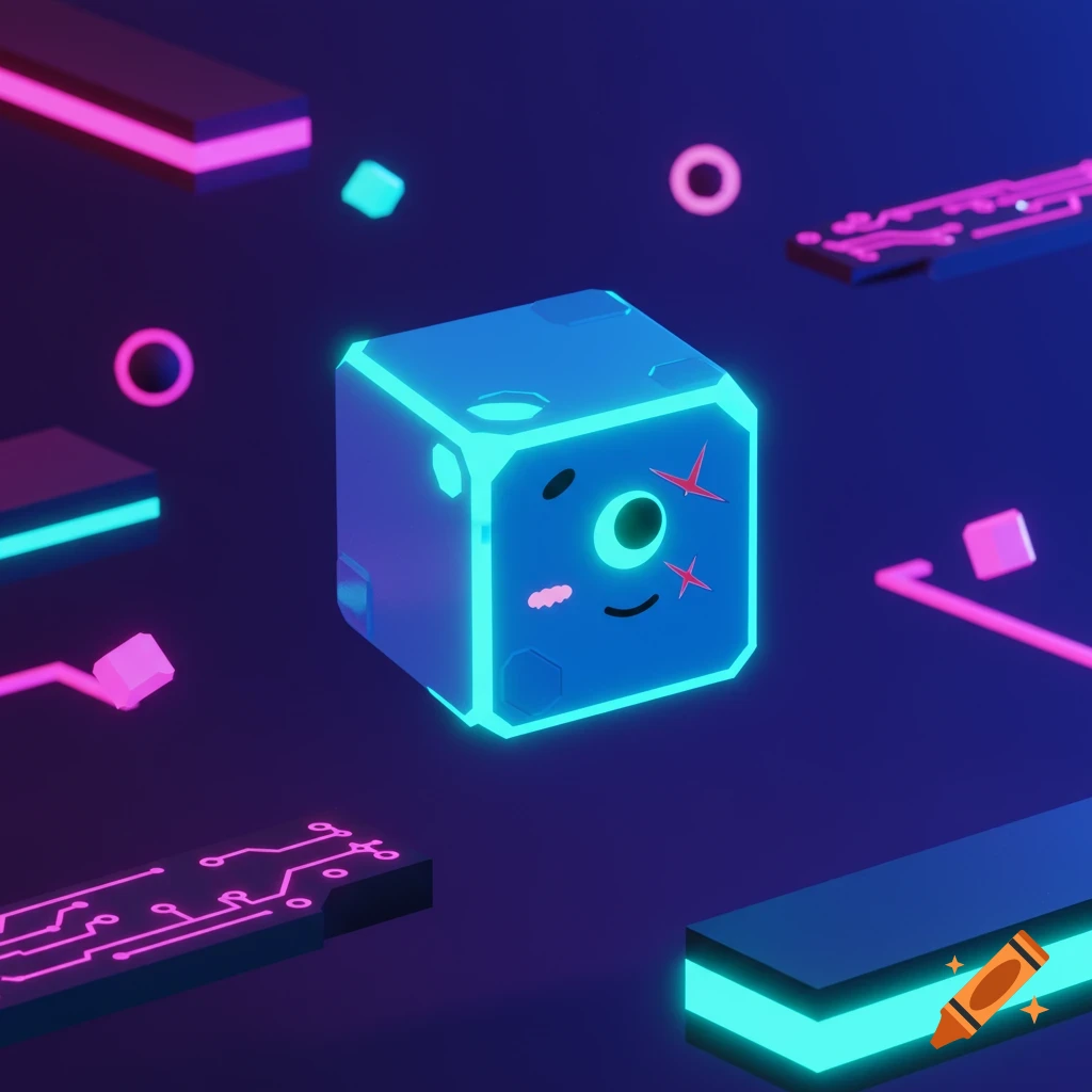 A smiling red and blue square character floats with glowing light ...