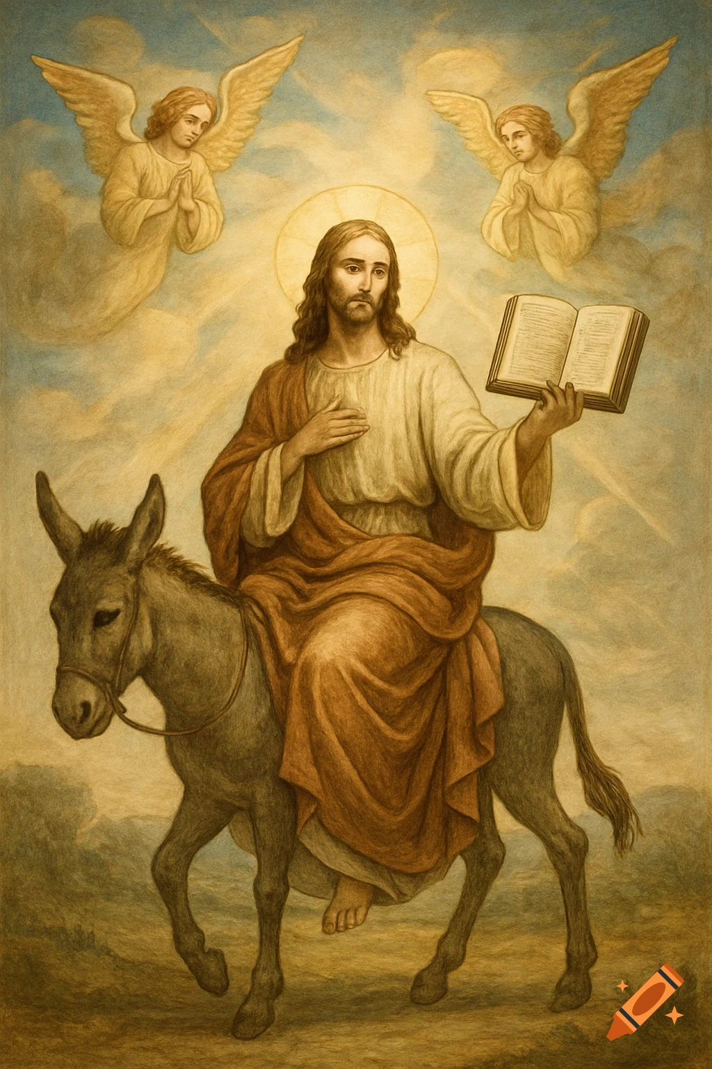 A majestic painting of Jesus with a halo, riding a donkey and holding ...