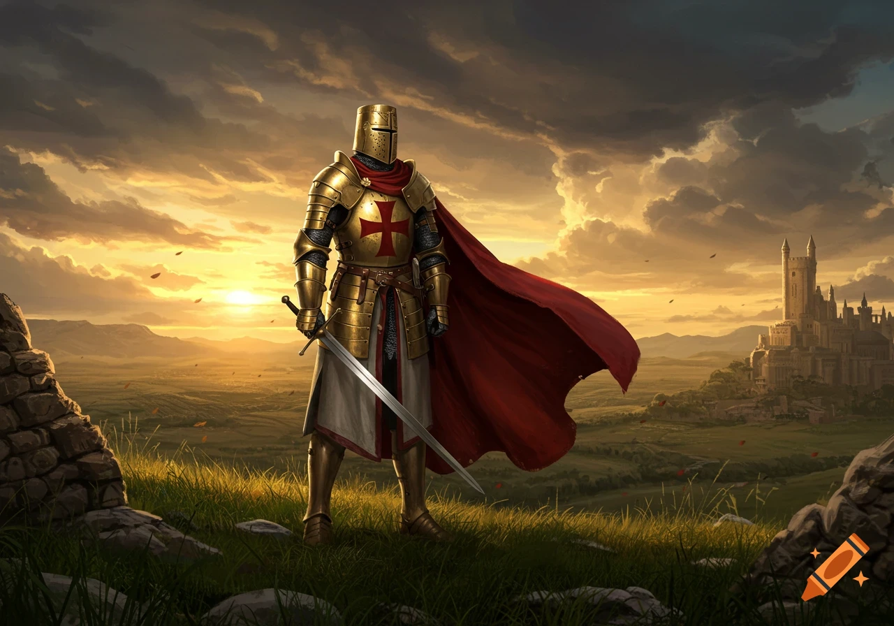 A knight in golden armor with a red cross and cape stands on a hill ...